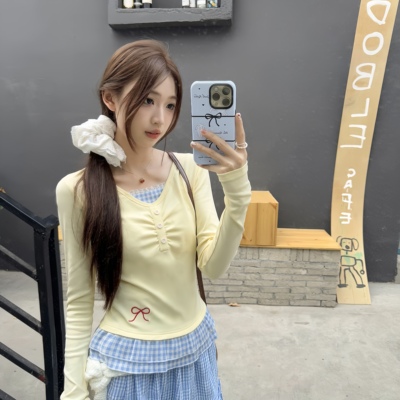 Silk·黄油起司～蓝黄格子假两件上衣女拼接温柔T恤长袖春日小众