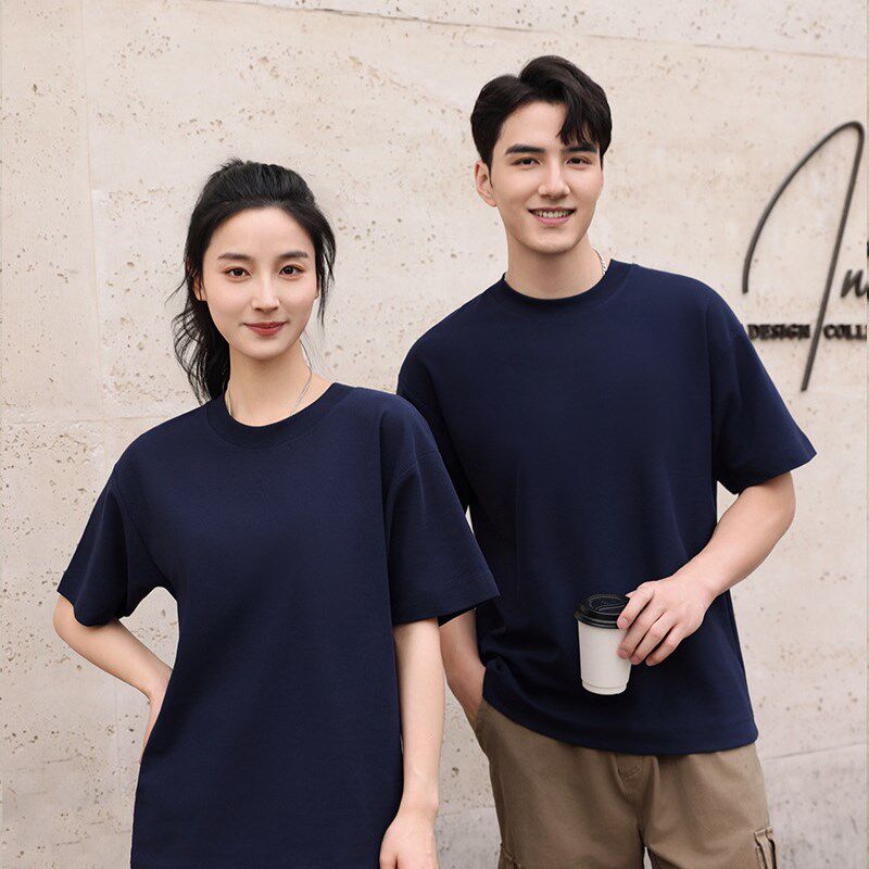 潮牌落肩圆领T恤定制广告衫印制logo刺H绣工作服文化衫DIY班服