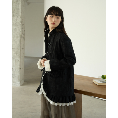 aww 特别的面料·复古宫廷风黑色夹棉外套中长款肌理感秋冬上衣女