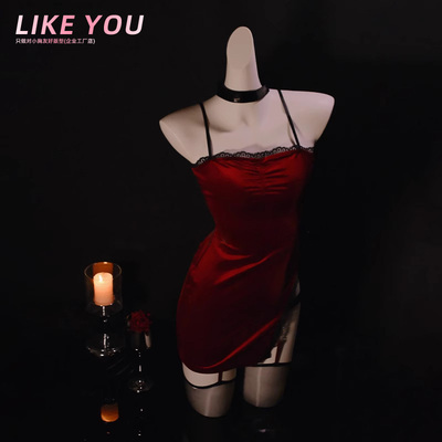 Like You性感吊带高腰漆皮开叉镂空旗袍制服套装睡衣qqny火辣纯欲
