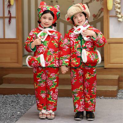 男童东北大花袄套装女童儿童加厚棉袄棉裤冬季拜年服宝宝冬装衣服