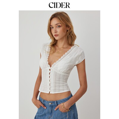 CIDER2026夏季新品纹理V领短袖蕾丝边珍珠纽扣上衣115404708