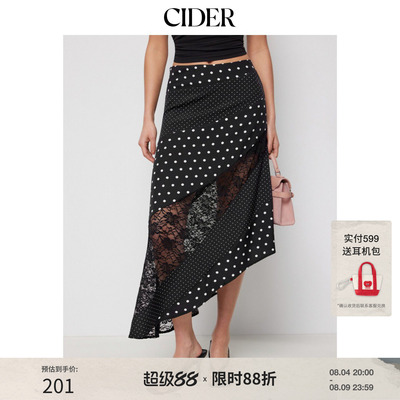 CIDER缎面低腰波点蕾丝拼接不对称中长半身裙115362146