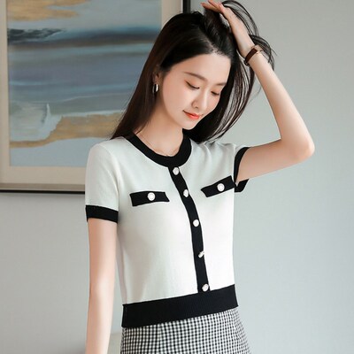 冰丝短袖t恤女短款夏季薄款针织衫 短装小个子别致设计感小众上衣