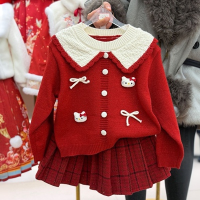110-150码女童秋冬加厚毛衣假扣女宝圣诞新年针织衫短裙三件套
