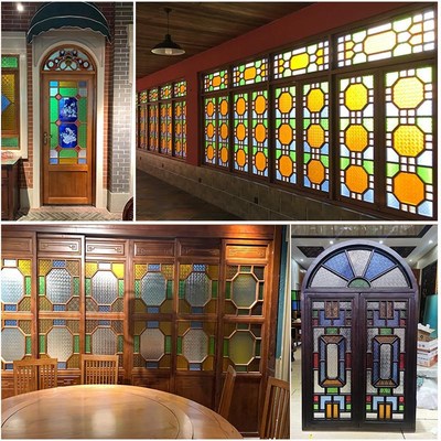 中古窗彩色玻璃满洲窗西关木格窗仿古艺术压门窗玄关屏风