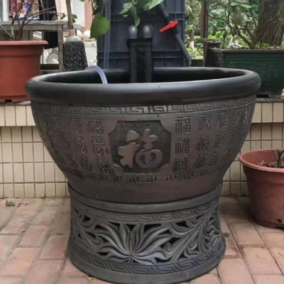 瓦盆鱼缸养兰寿金鱼缸无釉土陶缸黑陶泥盆家用超大型传统中式复古