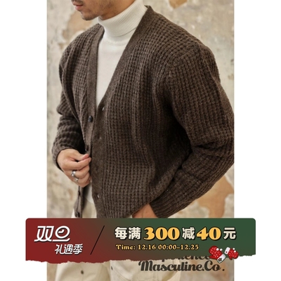 柴米V领加厚毛衣开衫男羊毛混纺宽松针织衫保暖外套美式复古秋冬