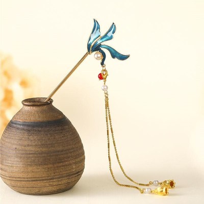 故中国风官宫袍古风发簪景泰蓝烧蓝长钗流苏叶子发旗明制民族服头