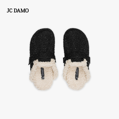JC DAMO2025新款百搭水钻设计感时尚烫钻毛绒飞织勃肯拖鞋