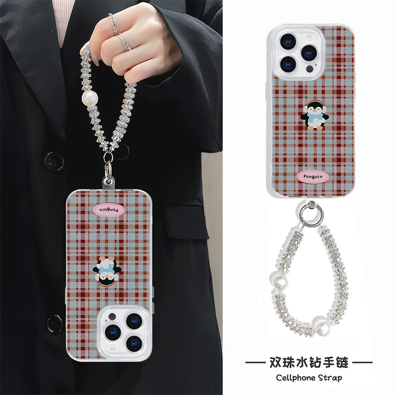 小米15ultra苹果13ProMax高级感硬羽纱16卡通14plus复古格纹企鹅iPhone12适用手机壳带挂绳手链s20华为mate70
