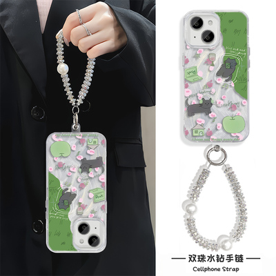 小猫花朵iPhone12手机壳带挂绳15Ultra羽纱RENO14苹果16Plus适用K80Pro硬13ProMax高级感S20女ins风Y300I创意