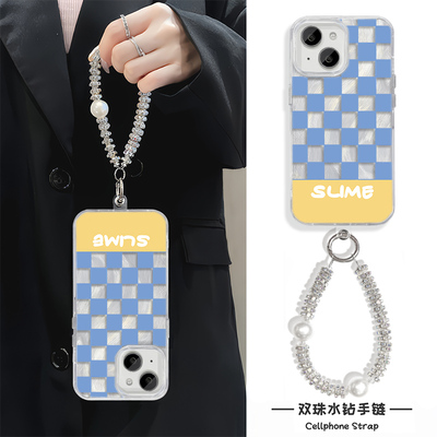 创意黄蓝格子15ProMax小众手机壳带挂绳iPhone14适用s20羽纱一加13简约16plus苹果12硬高级感红米K70至尊女款