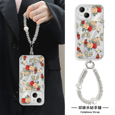 一加13羽纱手腕Reno12小众14ProMax手机壳带挂绳适用硬iPhone15plus创意红白玫瑰手链s18pro苹果16高级感x200