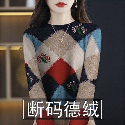 德绒保暖印花gT恤女秋冬新款气质妈妈装宽松大码半高领套头打底衫