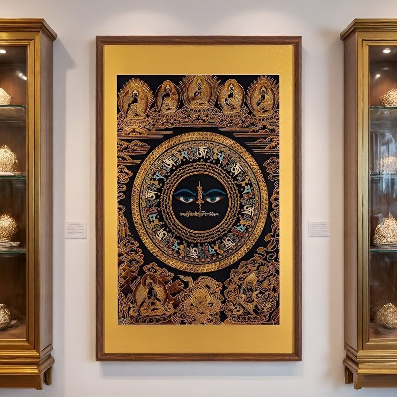 立体唐卡风六字箴言刺绣人物装饰画有框单联绢布画芯木制外框中式