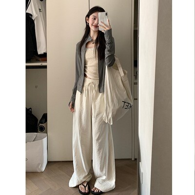 软糯奶皮阔腿裤女2024春夏打工裤白色慵J懒松紧腰宽松薄款拖地长