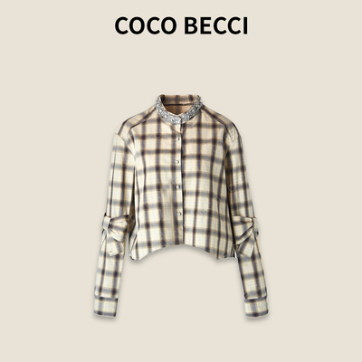 COCO BECCI【英伦风华】卡其蝴蝶结格子衬衫YT25JS110003