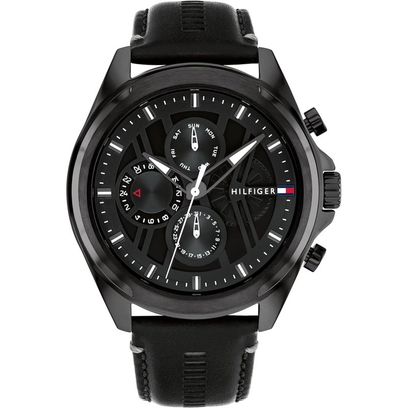 日版Tommy Hilfiger/汤米希尔费格男士休闲黑色皮带石英手表48mm