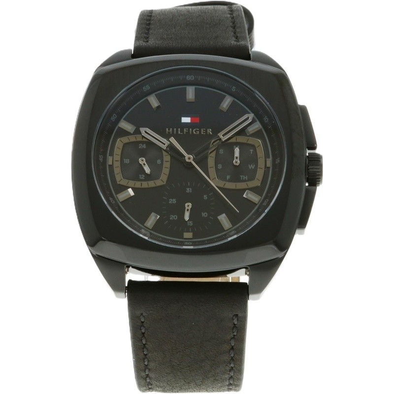 日版Tommy Hilfiger/汤米希尔费格男士黑色皮带方形石英手表41mm