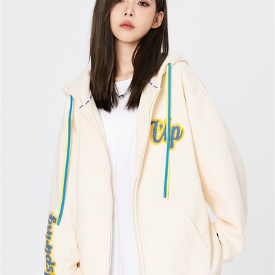 Unizzle双色帽绳毛巾绣开衫连帽加绒卫衣青春流行复古休闲潮男女