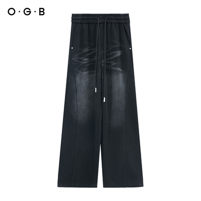 OGB潮牌街头复古直筒裤男25年秋冬新款渐变松紧黑色长裤