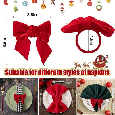 6个 Chic Velvet Red Bow Napkin Rings圣诞节日蝴蝶结餐巾环扣
