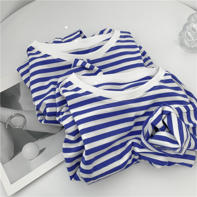 蓝白条纹元圆领jT恤打底衫女海军蓝条纹衫宽松内搭外穿打底衫T恤