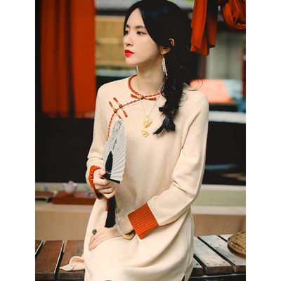 复古日记冬季100绵羊毛圆领裙子新中式国风女短款连衣裙235M0231