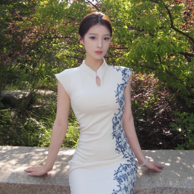 Layyyy青花瓷纹新中式旗袍连衣裙