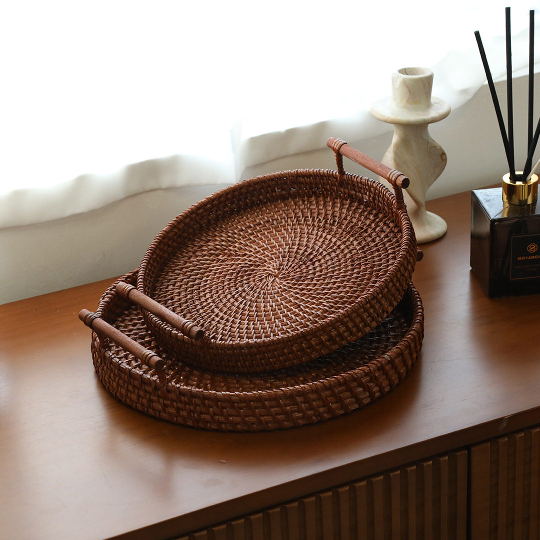 藤编茶盘秋藤编织水果篮客厅坚果茶托盘饭厅圆形面包食物收纳盒