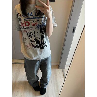 OEVB 原创美式复古猫咪印花做旧短袖T恤男女宽松情侣小领口上衣潮