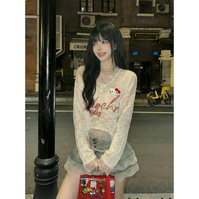 Rayohopp字母印花蕾丝拼接白色长袖T恤女春季新款辣妹慵懒上衣ins