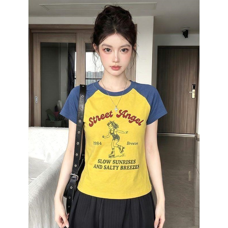 宋正恩正肩黄色短袖T恤女装设计感小众夏季韩系印花修身纯棉上衣