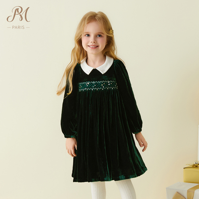 小雏菊PM童装丝绒缩褶绣连衣裙