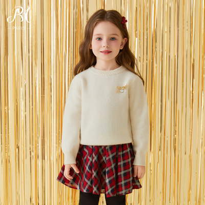 小雏菊童装米白色圆领针织衫