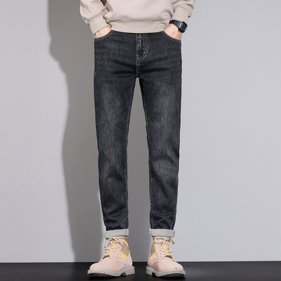 高级感黑灰色修身小脚牛仔裤