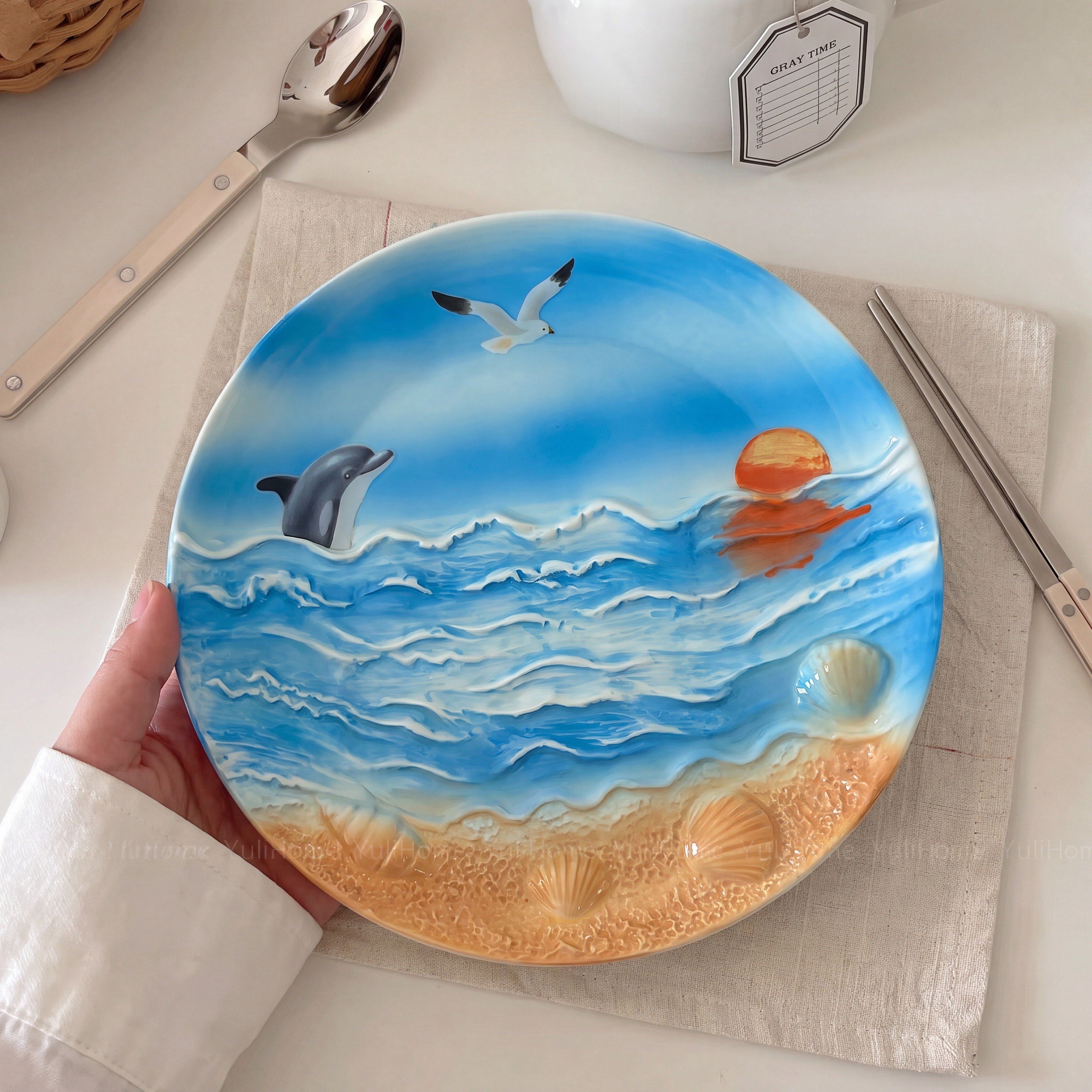 浮雕夏日沙滩陶瓷盘精致漂亮的盘子家用菜盘儿童餐盘甜品盘水果盘