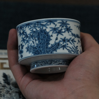 景德镇手工梅竹纹杯仿古茶杯功夫茶具手绘青花仿明代瓷器主人杯