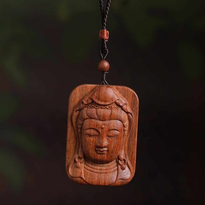 富森红土沉木质手把件汽车挂件南海观音菩萨头像挂饰平安把玩文玩