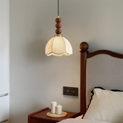 床头吊灯法式中古主卧室复古侘寂风实木布艺房间衣帽间吊线灯125Q