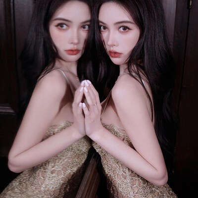 lovingu夏季新款香槟金定制镂空百搭收腰显瘦设计感吊带连衣裙