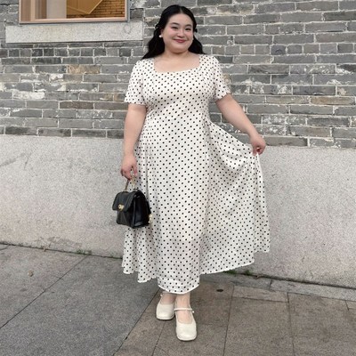 福饮沸别【布蕾波波】大码胖MM优雅百搭方领法式波点连衣裙-2207