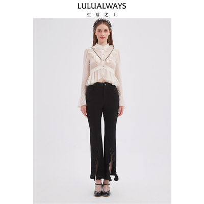 LULUALWAYS我爱露露25春季新款法式气质浪漫植绒蕾丝荷叶边衬衫女