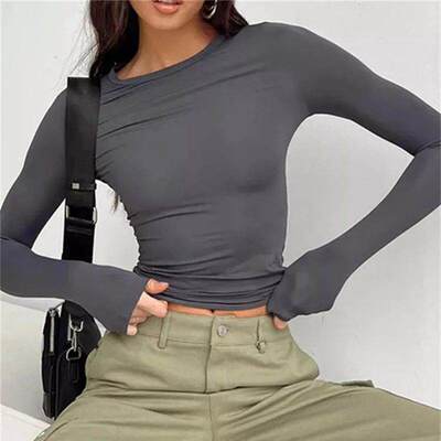 Women Long Sleeve T Shirt Spring Autumn Solid Slim Fit Casu