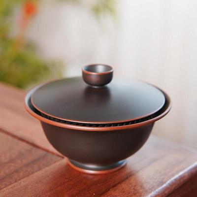 小自在盖碗 广西省工赖石刻广西坭兴陶原矿紫陶茶具