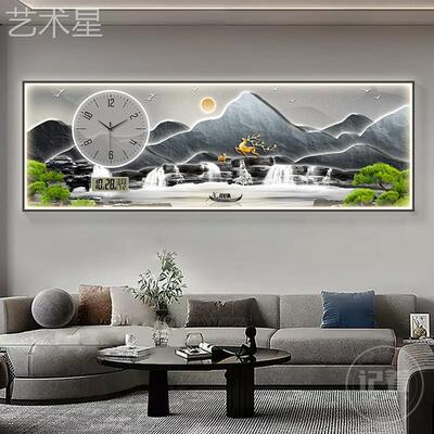 流水茶生财客装饰画带钟表子万年历电钟沙发背厅景墙壁挂yw55311