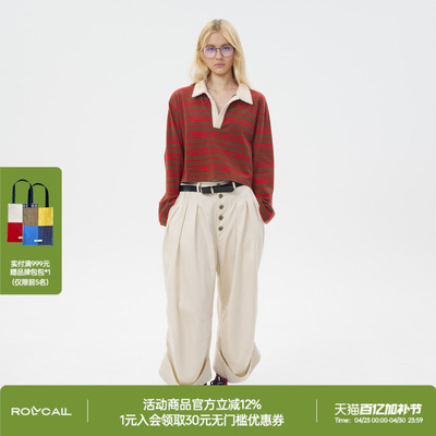 ROLLCALL「古力娜扎」同款 红色POLO领条纹长袖T恤亨利领上衣