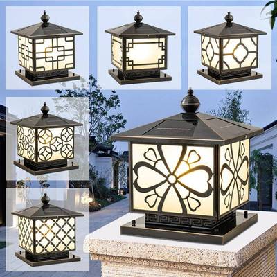 全铜太阳能户外柱头灯防水新中式庭院灯别墅花园大口门围墙柱子灯