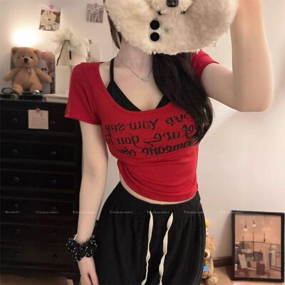 5089#纯欲辣妹假两件短袖T恤女美式复古字母印花短款显瘦正肩上衣